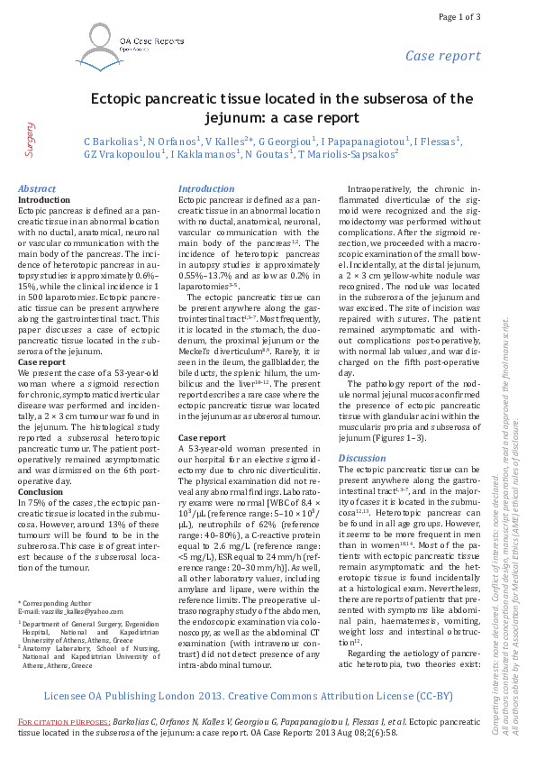 (PDF) Ectopic pancreatic tissue located in the subserosa of the jejunum ...