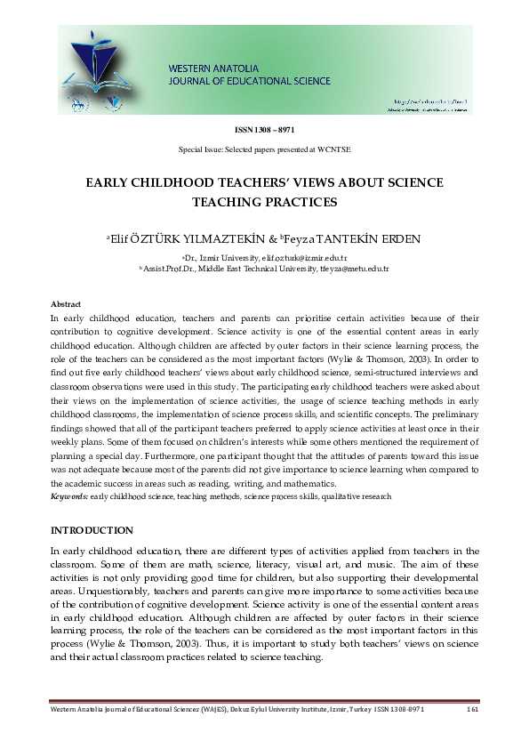 (PDF) Early Childhood Teachers' Views About Science Teaching Practices