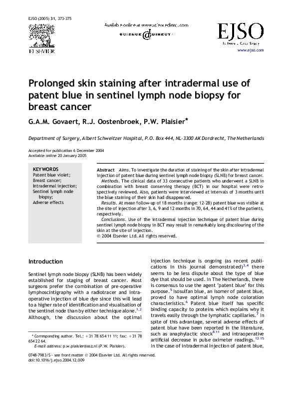 (PDF) Prolonged skin staining after intradermal use of patent blue in ...