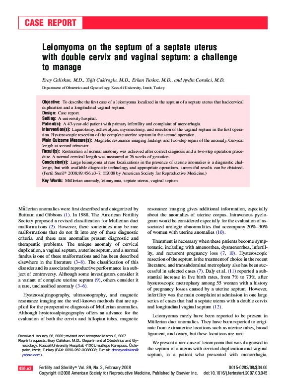 (PDF) Leiomyoma on the septum of a septate uterus with double cervix ...