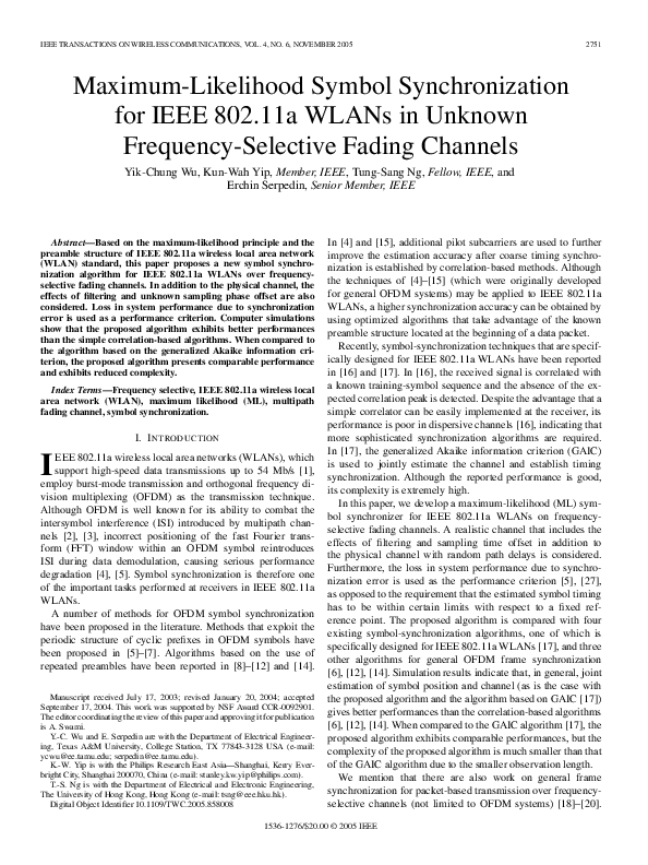 Pdf Maximum Likelihood Symbol Synchronization For Ieee 802 11 A Wlans