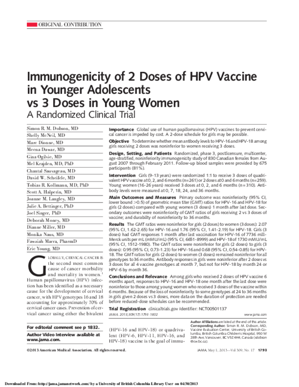 (PDF) Immunogenicity of 2 Doses of HPV Vaccine in Younger Adolescents ...