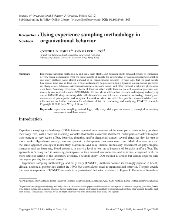 (PDF) Using experience sampling methodology in organizational behavior