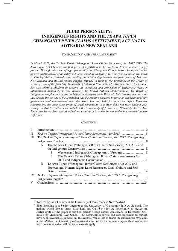 (PDF) FLUID PERSONALITY: INDIGENOUS RIGHTS AND THE TE AWA TUPUA ...