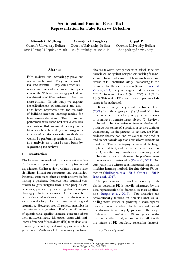 (PDF) Sentiment and Emotion Based Text Representation for Fake Reviews Detection