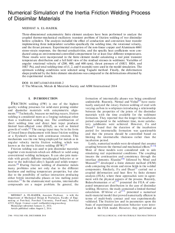 (PDF) Numerical simulation of inertia friction welding process of GH4169 alloy