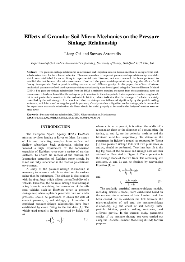 (PDF) Effects of granular soil micro-mechanics on the pressure-sinkage relationship