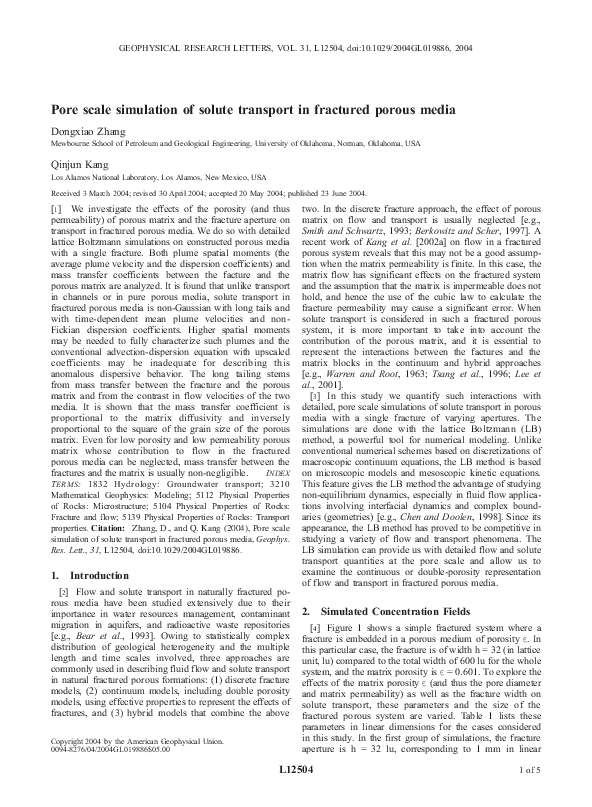 Pdf Pore Scale Simulation Of Solute Transport In Fractured Porous Media