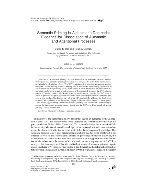 (PDF) Semantic Priming in Alzheimer's Dementia: Evidence for Dissociation of Automatic and ...