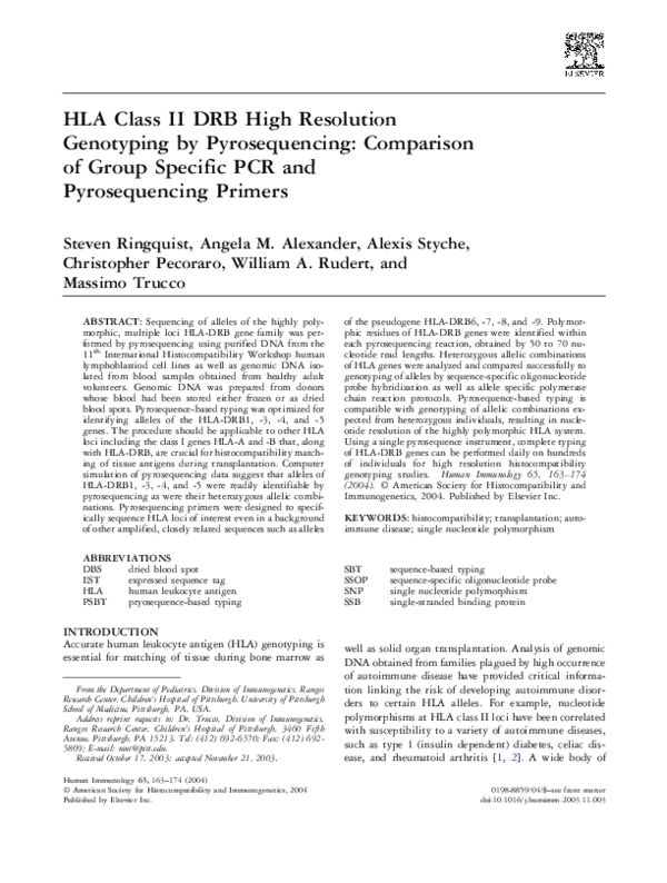 (PDF) HLA class II DRB high resolution genotyping by pyrosequencing ...