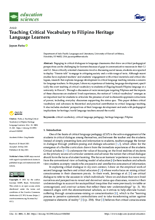 (PDF) Teaching Critical Vocabulary to Filipino Heritage Language ...