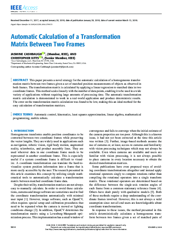 (PDF) Automatic Calculation of a Transformation Matrix Between Two Frames