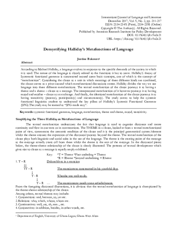 (PDF) Demystifying Halliday’s Metafunctions of Language
