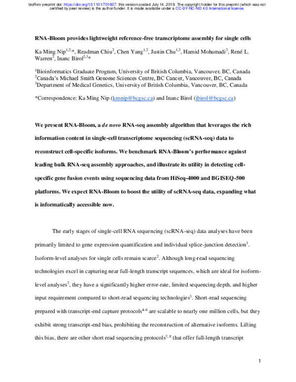 (PDF) RNA-Bloom provides lightweight reference-free transcriptome assembly for single cells