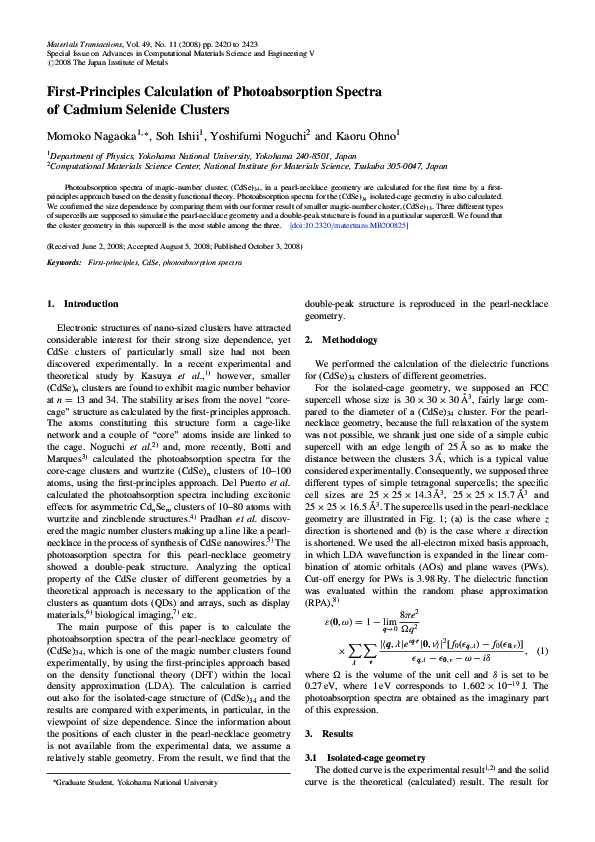 (PDF) First-Principles Calculation of Photoabsorption Spectra of Cadmium Selenide Clusters
