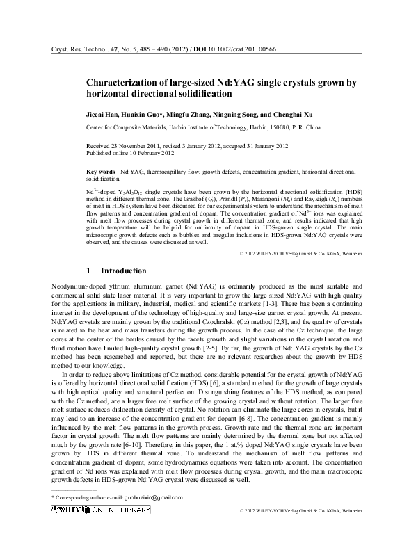 (PDF) Characterization of large-sized Nd:YAG single crystals grown by horizontal directional ...