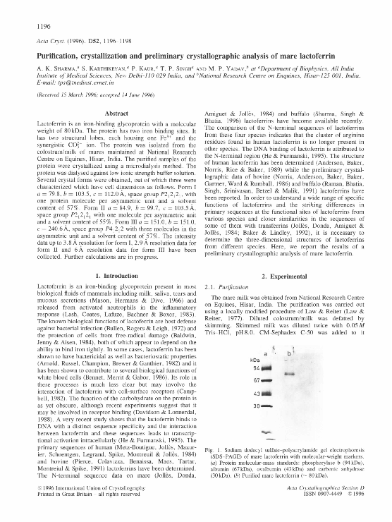 (PDF) Purification, crystallization and preliminary crystallographic analysis of mare lactoferrin
