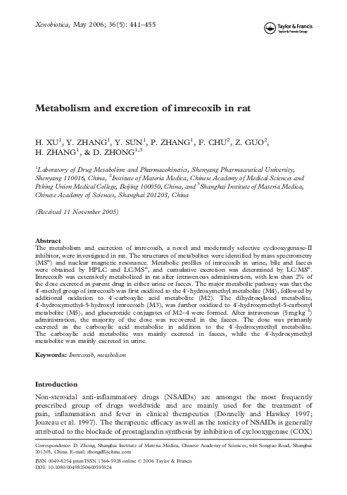 (PDF) Metabolism and excretion of imrecoxib in rat