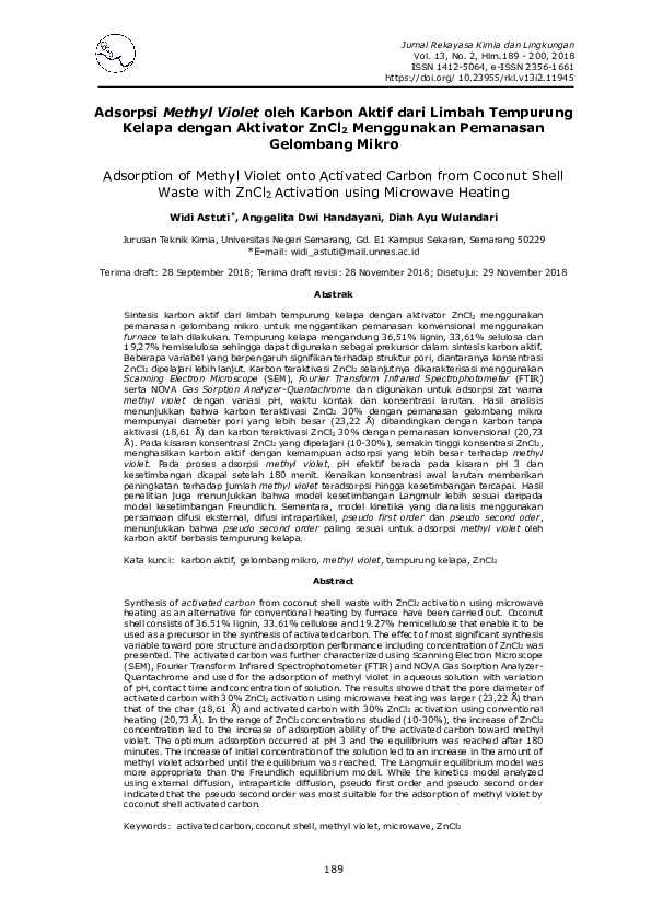 (PDF) Adsorpsi Methyl Violet oleh Karbon Aktif dari Limbah Tempurung Kelapa dengan Aktivator ...