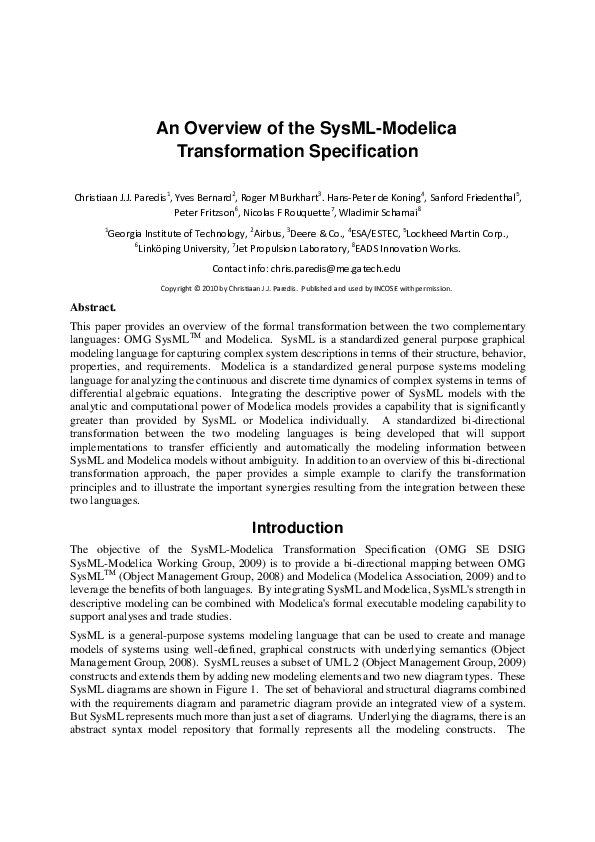 Pdf 551 An Overview Of The Sysml Modelica Transformation Specification