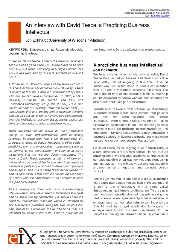 (PDF) An Interview with David Teece, a Practicing Business Intellectual