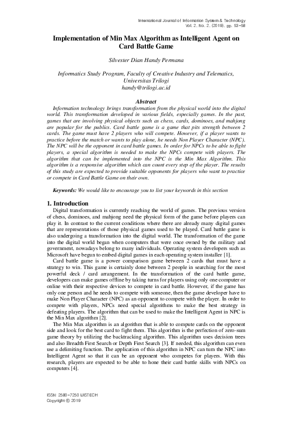 (PDF) Implementation of Min Max Algorithm as Intelligent Agent on Card ...