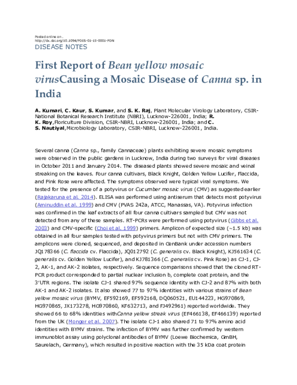 (PDF) First report of Bean yellow mosaic virus causing a mosaic disease ...