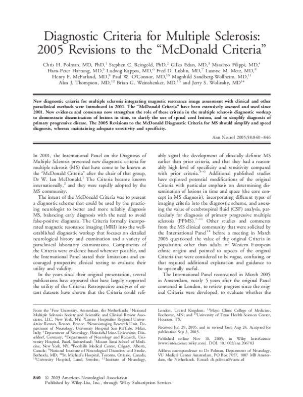 (PDF) Diagnostic criteria for multiple sclerosis: 2005 revisions to the ...