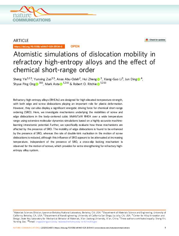 (PDF) Atomistic simulations of dislocation mobility in refractory high-entropy alloys and the ...