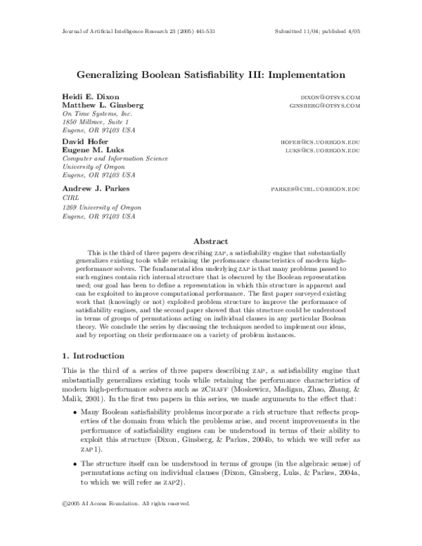 (PDF) Generalizing boolean satisfiability III: Implementation