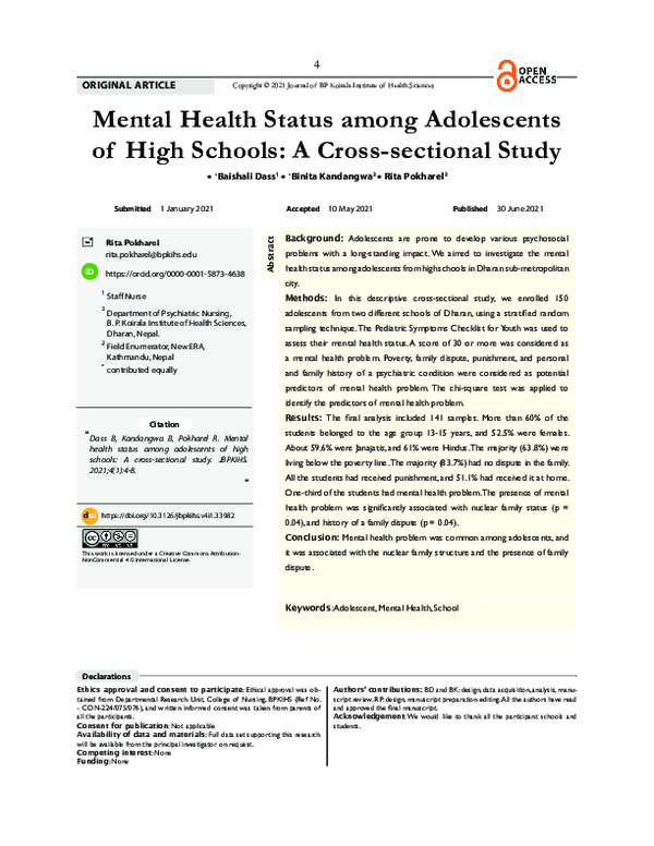 (PDF) Mental Health Status among Adolescents of High Schools: A Cross ...