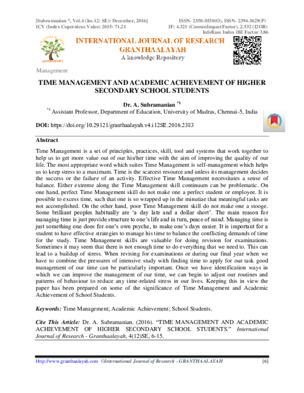 (PDF) Time Management and Academic Achievement of Higher Secondary ...