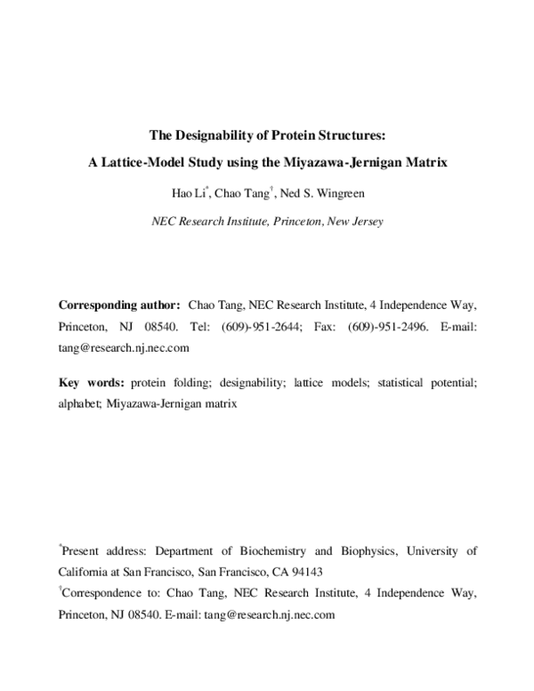 (PDF) Designability of protein structures: A lattice-model study using the Miyazawa-Jernigan matrix