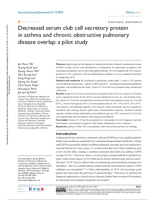 (PDF) Decreased serum club cell secretory protein in asthma and chronic obstructive pulmonary ...