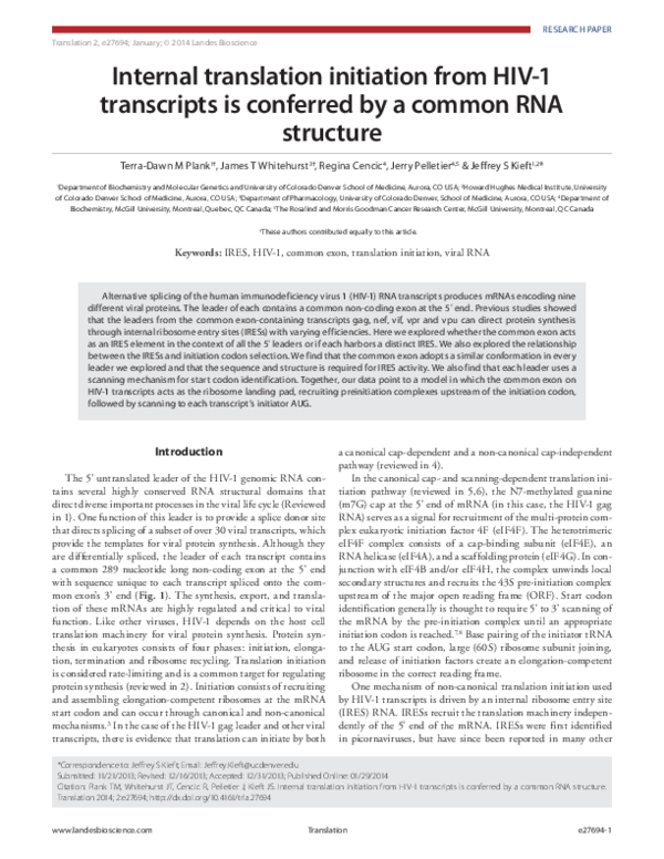 (PDF) Internal translation initiation from HIV-1 transcripts is ...