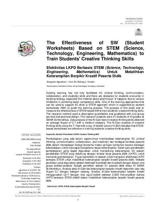 (PDF) The Effectiveness of SW (Student Worksheets) Based on STEM ...