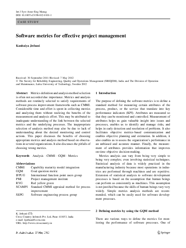 (PDF) Software metrics for effective project management