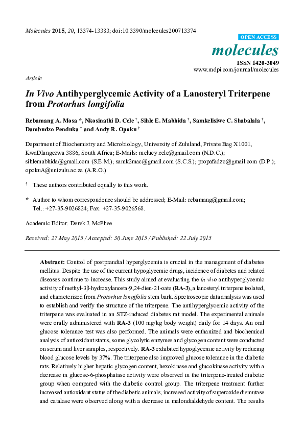 (PDF) In Vivo Antihyperglycemic Activity of a Lanosteryl Triterpene ...
