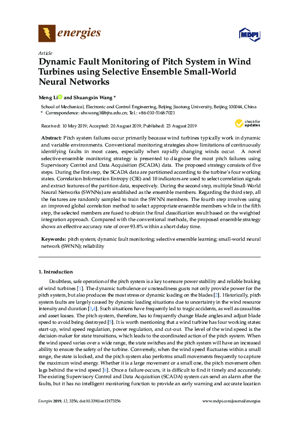 Pdf Dynamic Fault Monitoring Of Pitch System In Wind Turbines Using Selective Ensemble Small