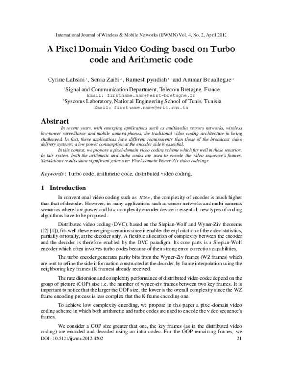 (PDF) A Pixel Domain Video Coding based on Turbo code and Arithmetic code