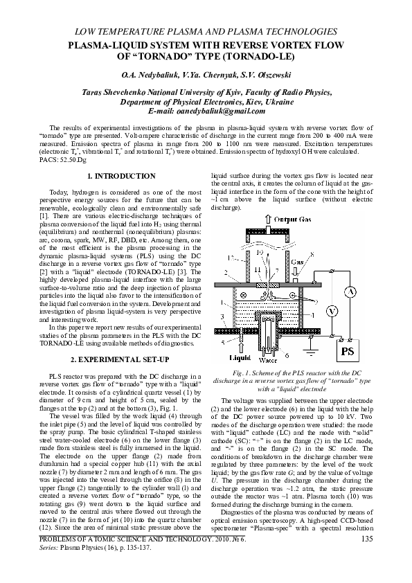 (PDF) Plasma-liquid system with reverse vortex flow of "tornado" type ...