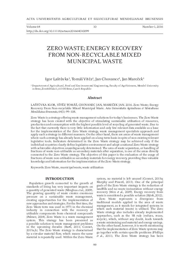 (PDF) Zero Waste; Energy Recovery From Non-recyclable Mixed Municipal Waste