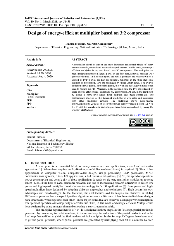 (PDF) Design of energy-efficient multiplier based on 3:2 compressor | IAES Journals - Academia.edu