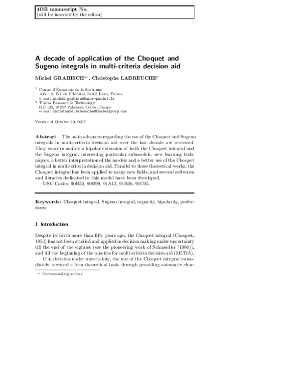 (PDF) A decade of application of the Choquet and Sugeno integrals in multi-criteria decision aid ...