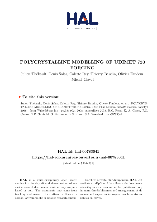 (PDF) Polycrystalline Modelling of Udimet 720 Forging