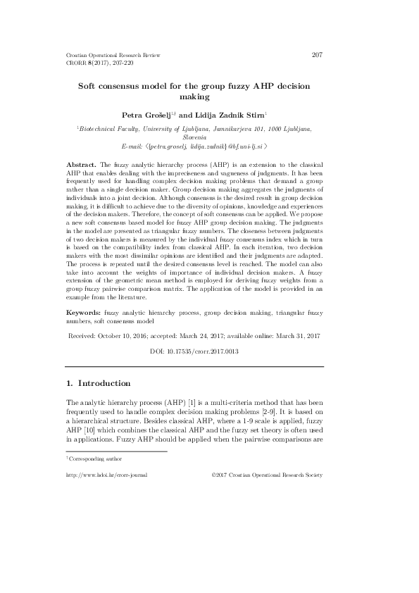 (PDF) Soft consensus model for the group fuzzy AHP decision making | Lidija Stirn - Academia.edu