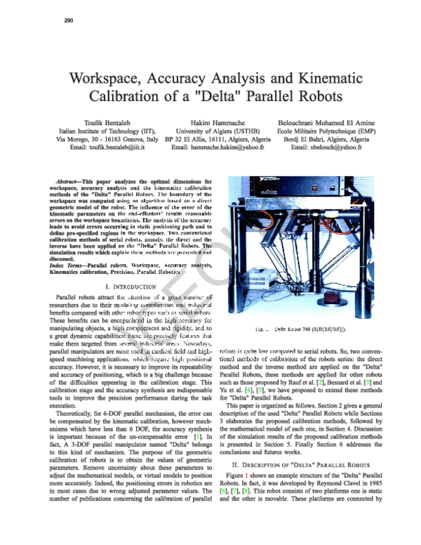 (PDF) Workspace, accuracy analysis and kinematic calibration of a "Delta" Parallel Robots