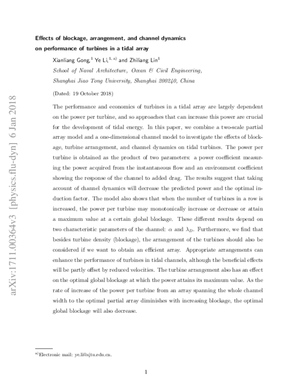 (PDF) Effects of blockage, arrangement, and channel dynamics on performance of turbines in a ...