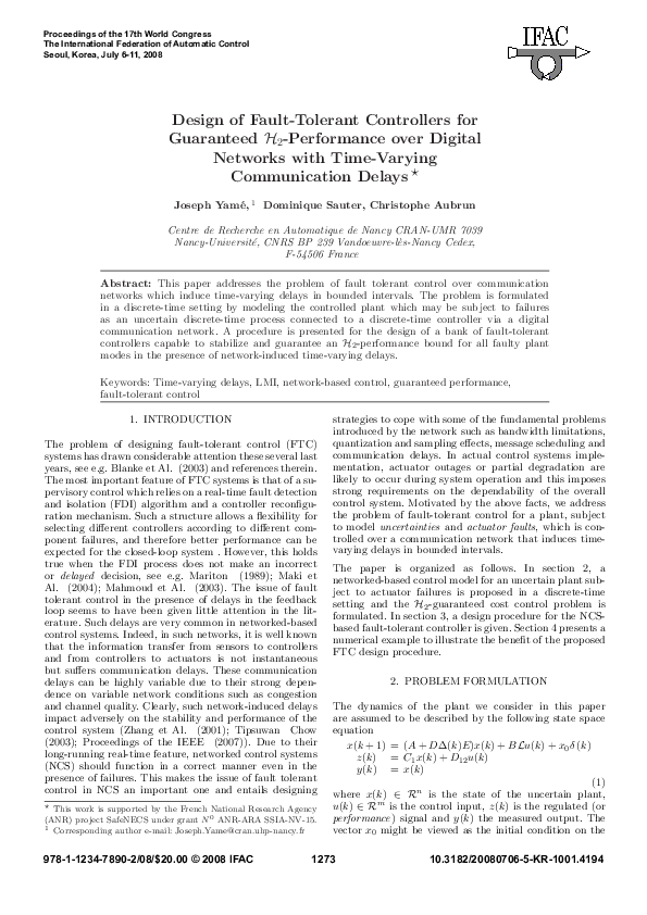 (PDF) Design of Fault-Tolerant Controllers for Guaranteed H2-Performance Over Digital Networks ...