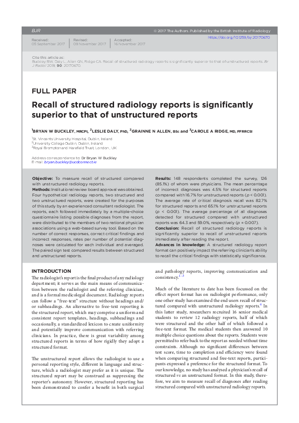 (PDF) Recall of structured radiology reports is significantly superior to that of unstructured ...